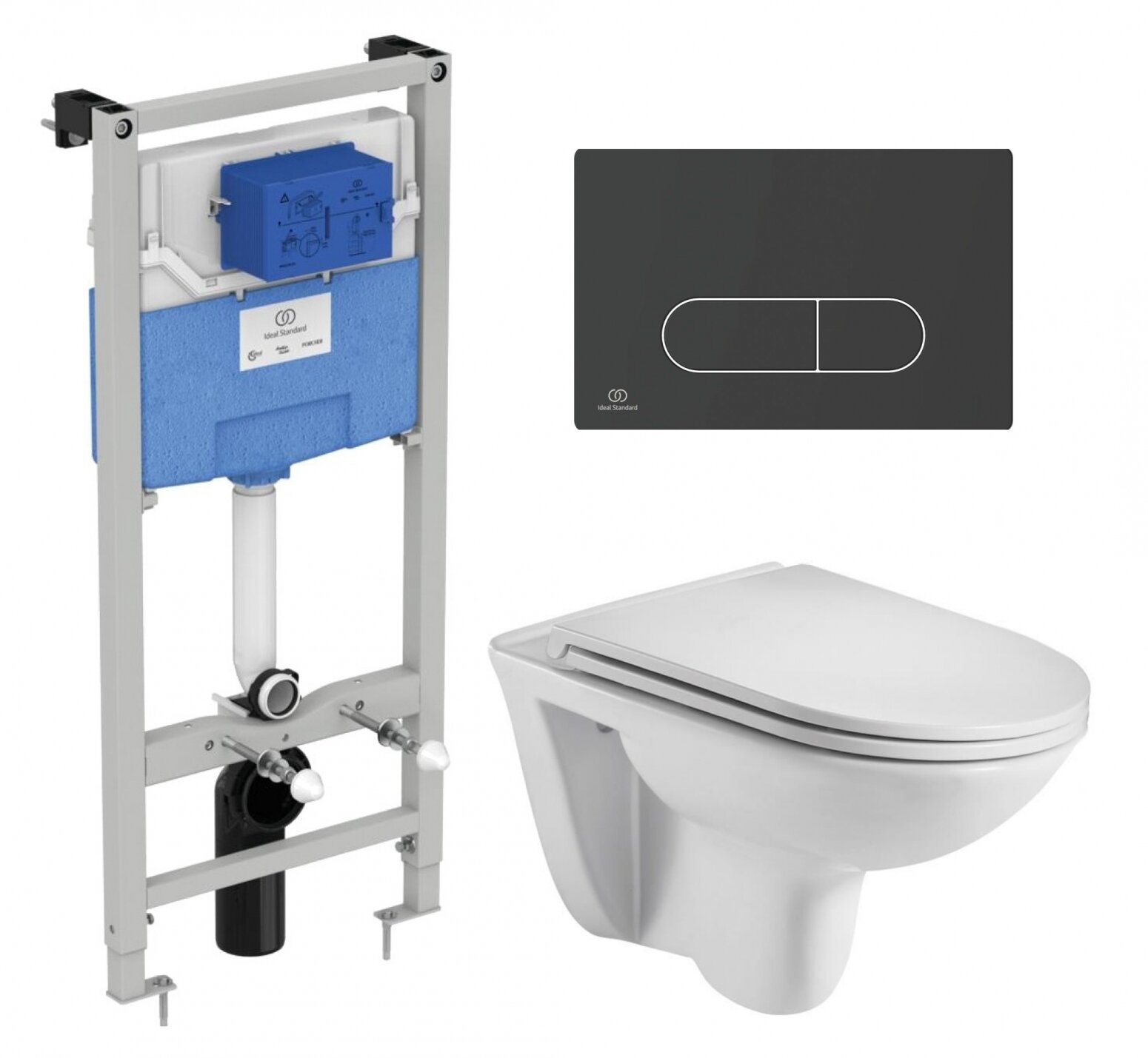 Комплект 3 в 1 инсталляция Ideal Standard + Подвесной унитаз WeltWasser Baarbach 004 GL-WT + кнопка черная