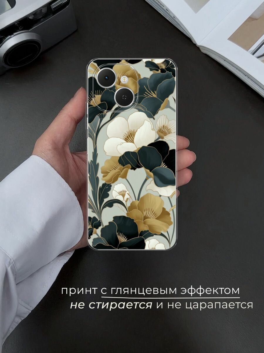 Чехол на Tecno Spark 40C / Текно Спарк 40C с принтом Золотые и белые цветы — фото 1