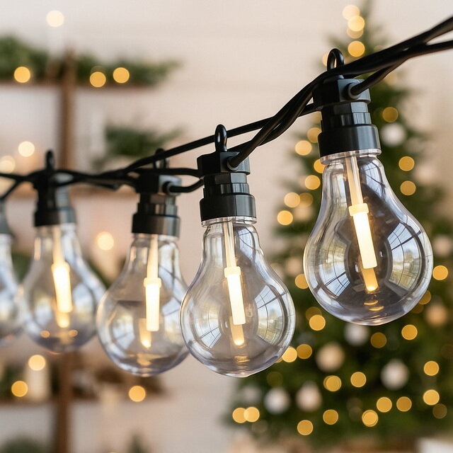 Ретро гирлянда Большие Лампочки, 20 ламп, теплые белые LED, 9.5 м, черный ПВХ, соединяемая, IP44, Kaemingk, 490123