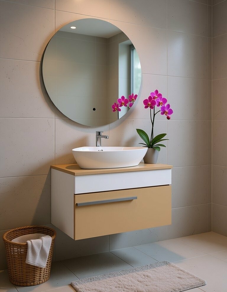 Мебель для ванной Вудлайн 65, белый-кремовый, раковина Трио, зеркало Руан D65