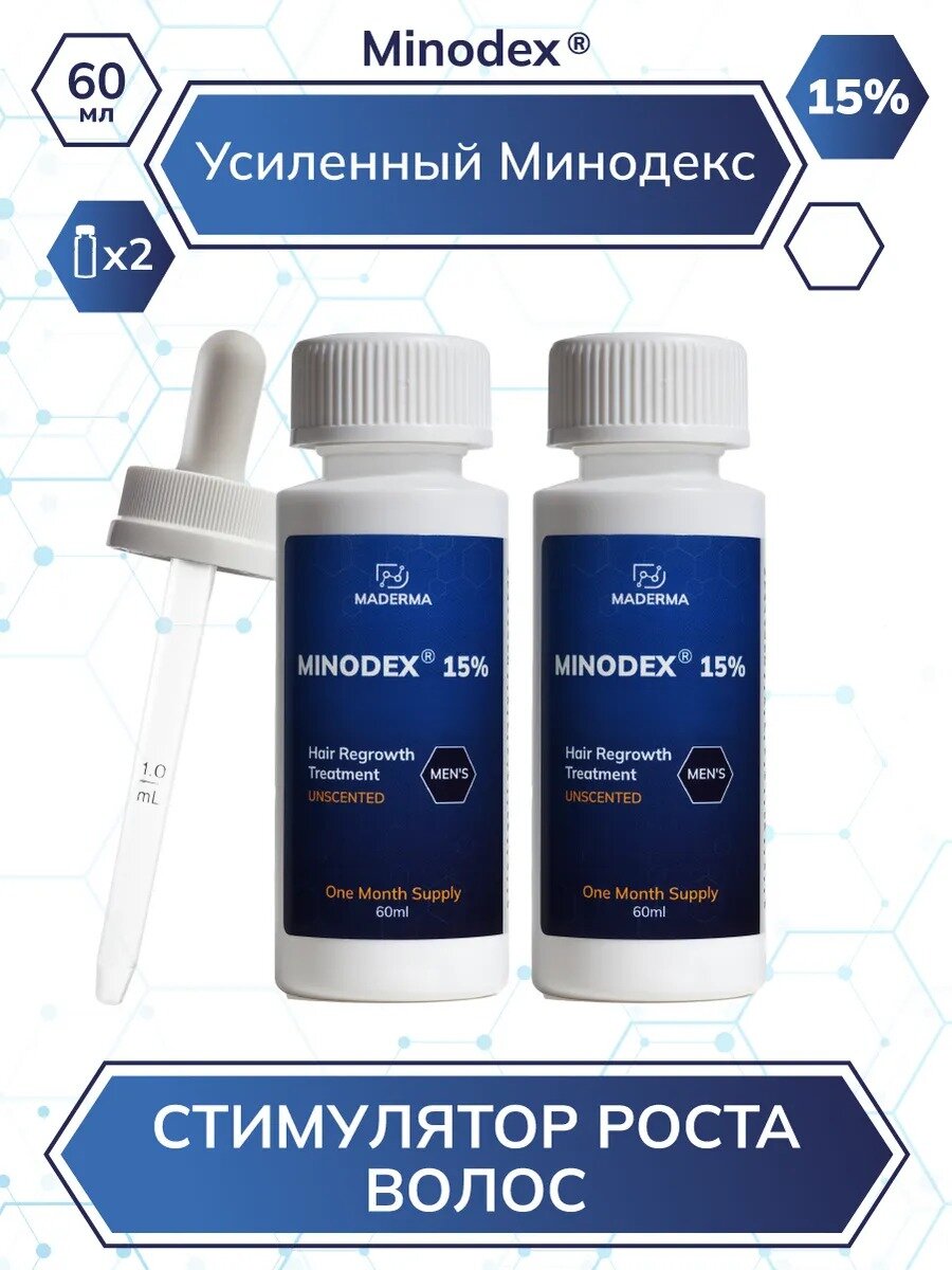 Усиленный Minodex 15% сыворотка активатор роста волос и бороды, лосьон стимулятор волосяных фолликулов, 2х60 мл