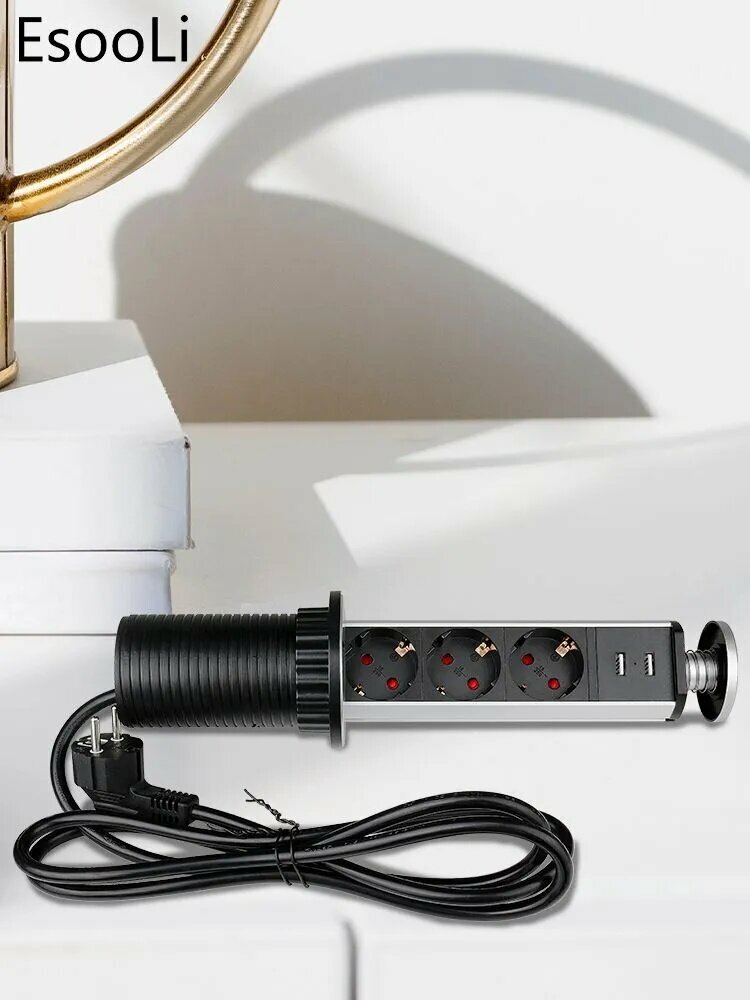 Встраиваемая выдвижная розетка для столешницы, скрытый блок на 3 розетки для кухни с 2 USB , Серый , с заземлением провод 1.8м