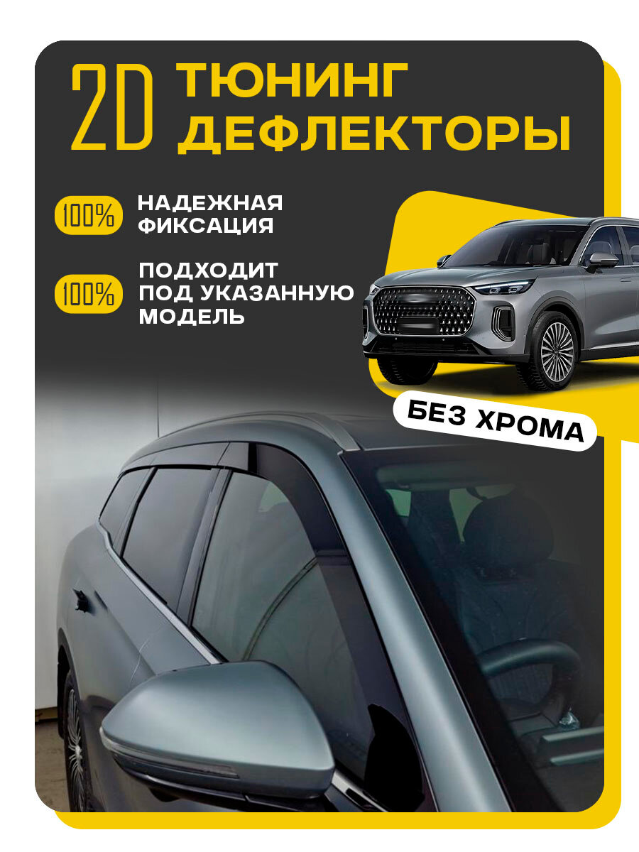 Плоские тюнинг дефлекторы для Chery Tiggo 9 (TENET T9) (2024-2025) Ветровики на Чери Тиго 9, тенет Т9. Комплект 6 шт.