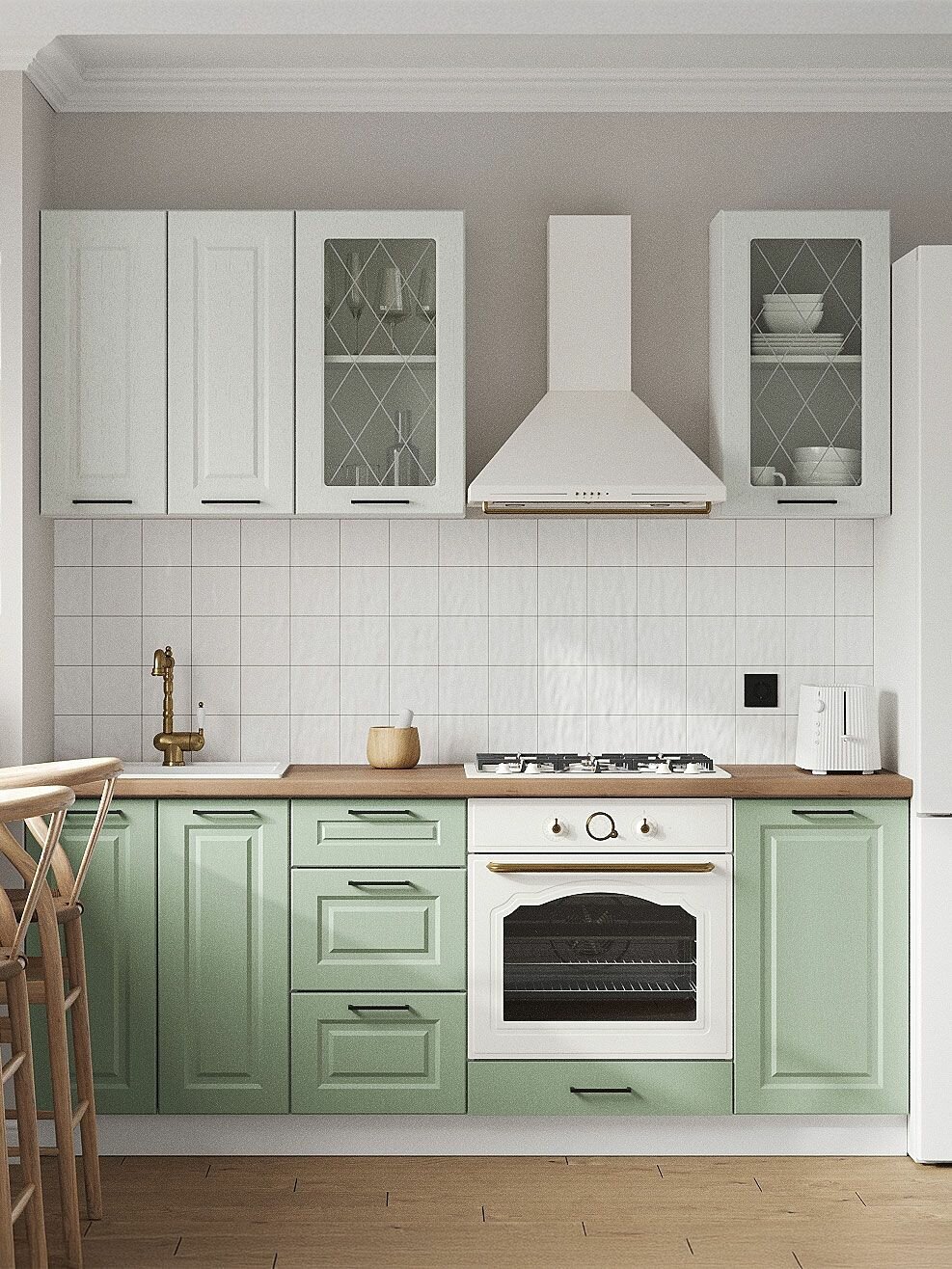 Кухонный гарнитур Шервуд 2 м, мебель для дома и кухни, Белый / Арктик со стеклом / Шато мята