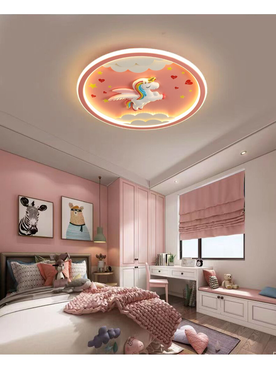 Детская люстра в детскую комнату Единорог, светильник потолочный, для мальчика и девочки, мультфильм, круглый, розовый.
