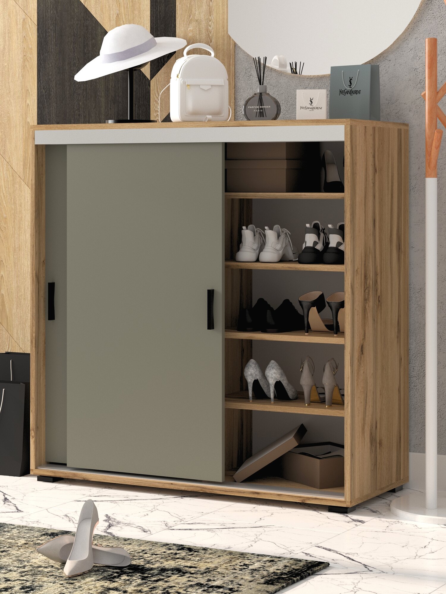 Есэндвич Депо-4 Тумба-купе для обуви с полками 100х102х40 см (Дуб вотан/Хаки)