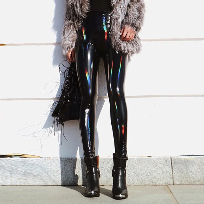 Зеркальные лосины из экокожи, черный, Colorful Black, XXXL