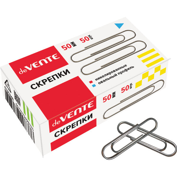 Скрепки " deVente " 50мм, никелированные, 50шт в картонной коробке, количество: 10 штук
