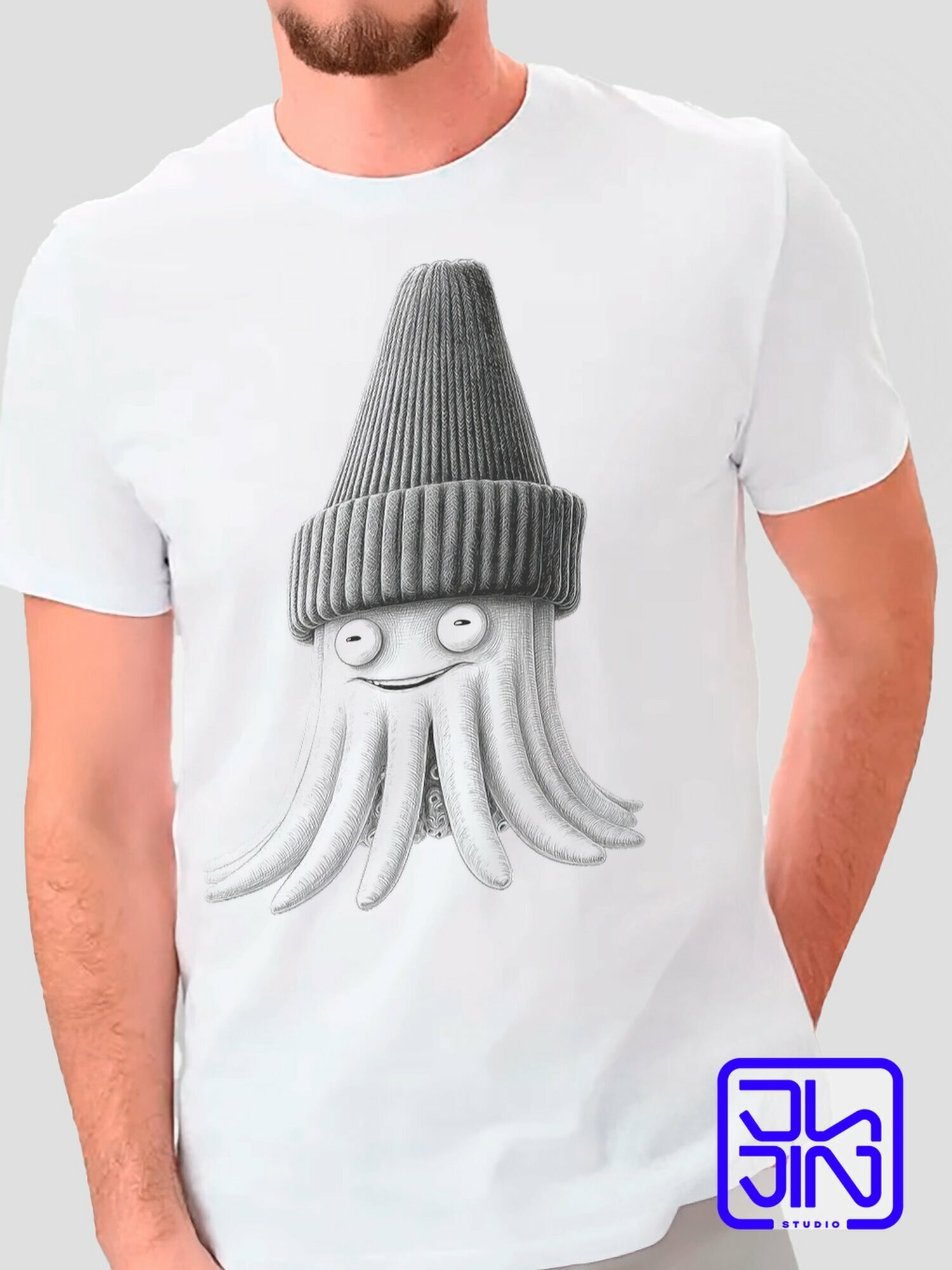 Футболка классическая мужская с авторским принтом Креативный черно-белый осьминог в графитовой минималистичной шапке с животными, белый хлопковый трикотаж с прикольным рисунком на груди