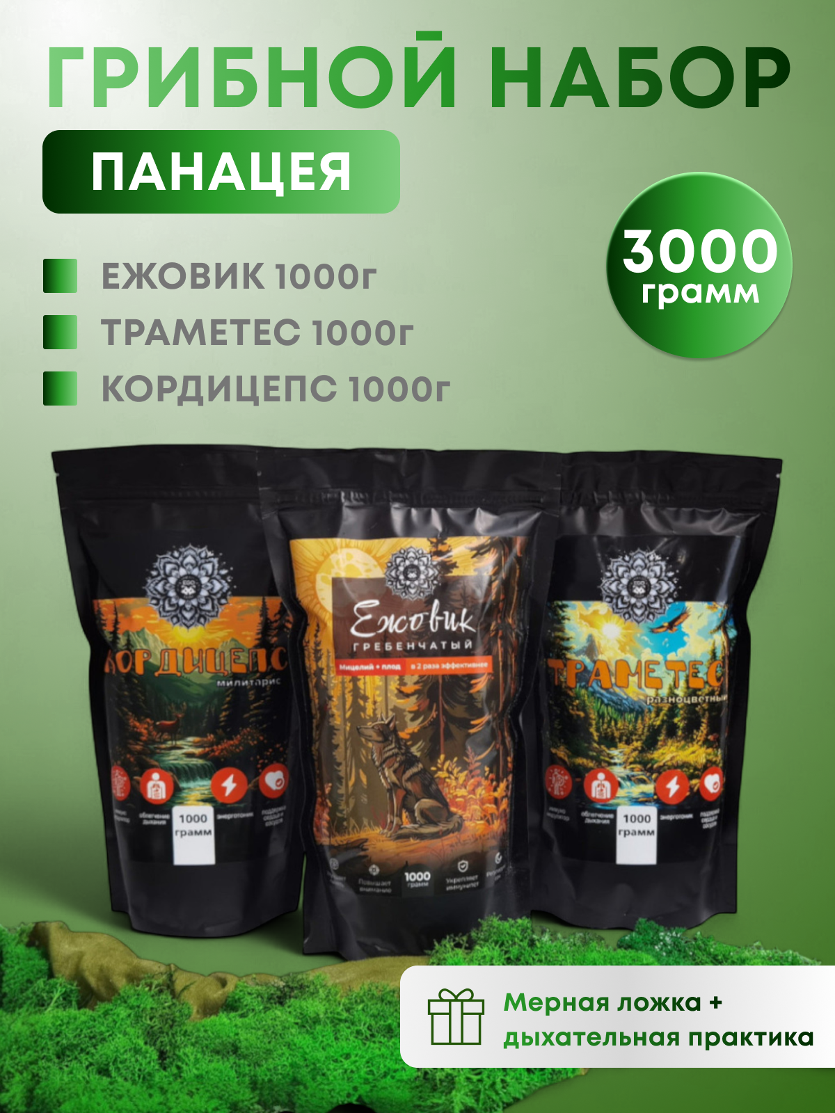 Грибной комплекс Панацея - Ежовик гребенчатый, Кордицепс и Траметес, в порошке 3 упаковки по 1000 грамм Эго-Фарм