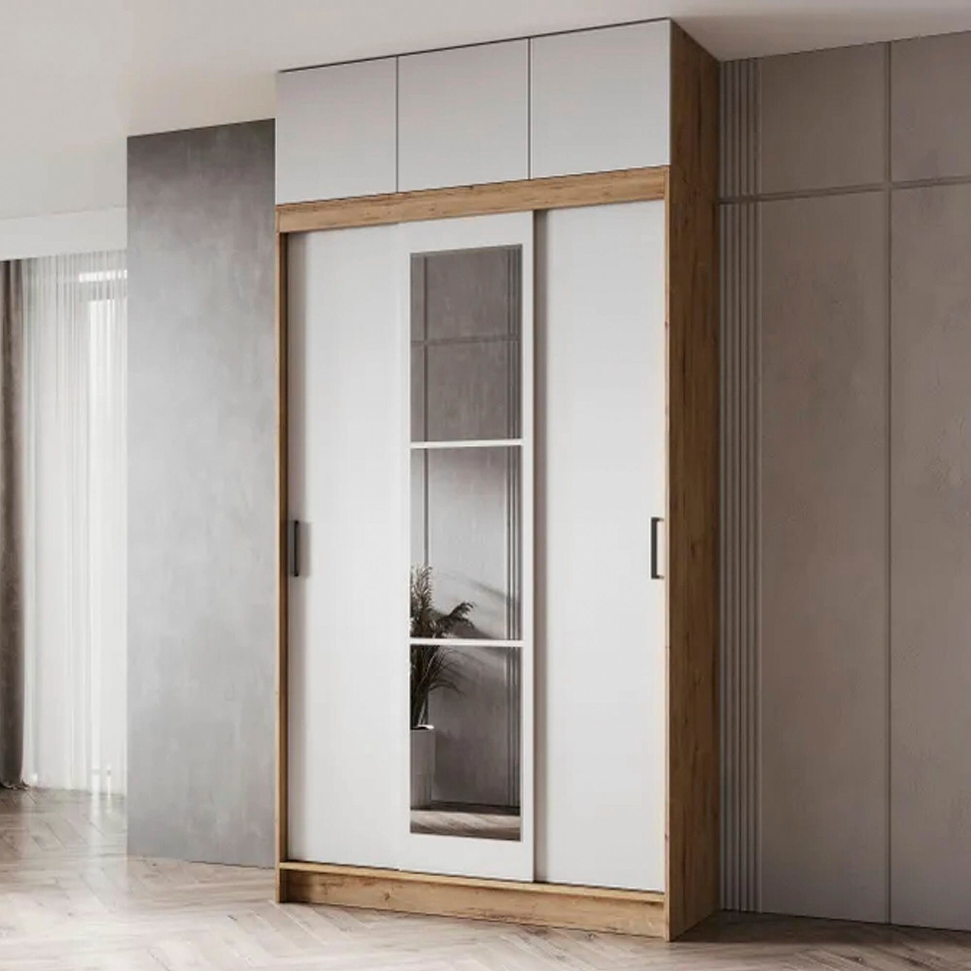 Шкаф-купе Бруно 6 Дуб Вотан/Белый гладкий с антресолью и зеркалом ЛДСП ширина 131 см с полками в спальню и гостиную напольный 2 штанги