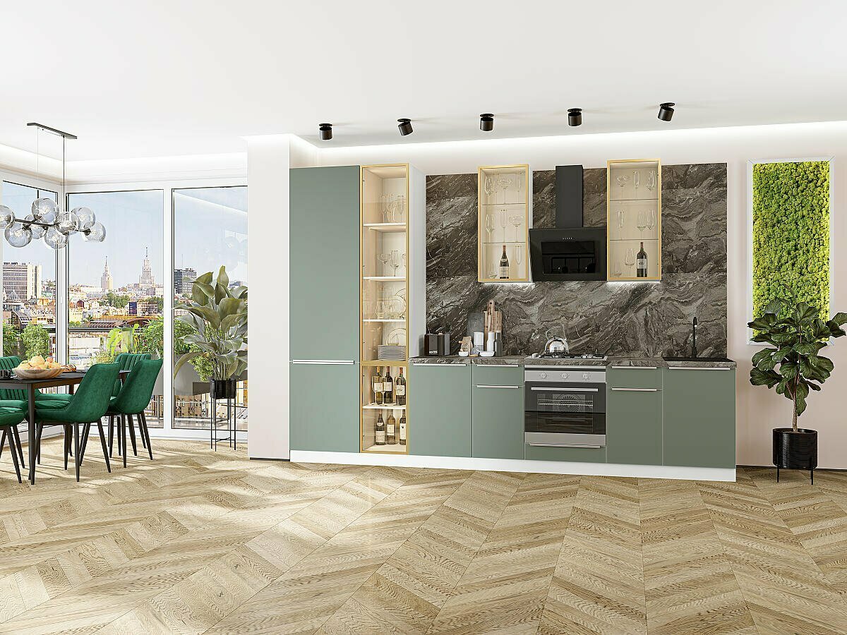 Кухня без столешницы Фьюжн-08 от Мебель-МСК, цвет Silky Mint, полки стекло 234х340х60 см