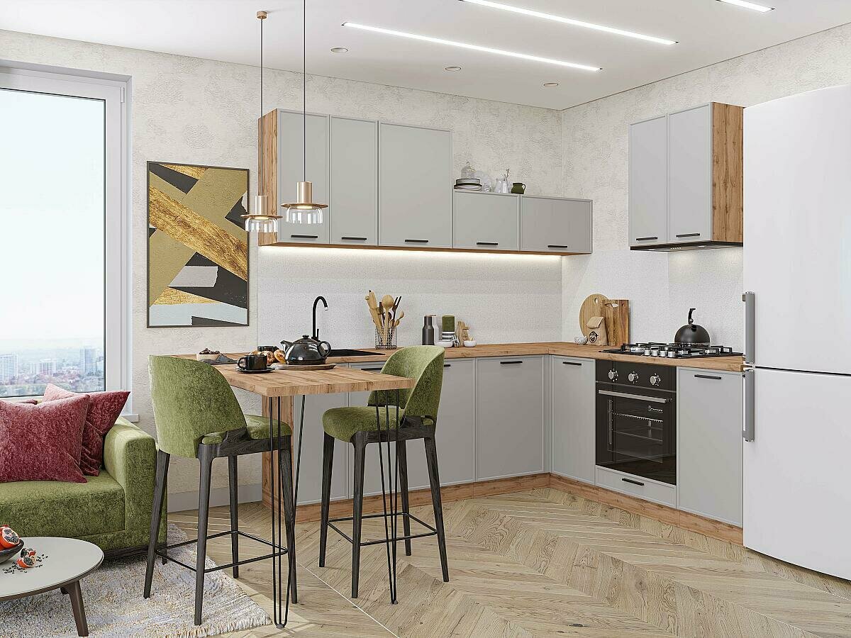 Готовый кухонный гарнитур кухня без столешницы Фрейм-03 Grey Silk, Дуб Вотан