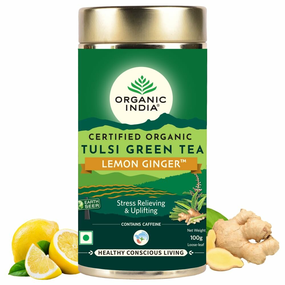 Tulsi Green Tea LEMON GINGER, Organic India (Тулси Зелёный чай с лимоном и имбирём, Органик Индия), банка, 100 г.