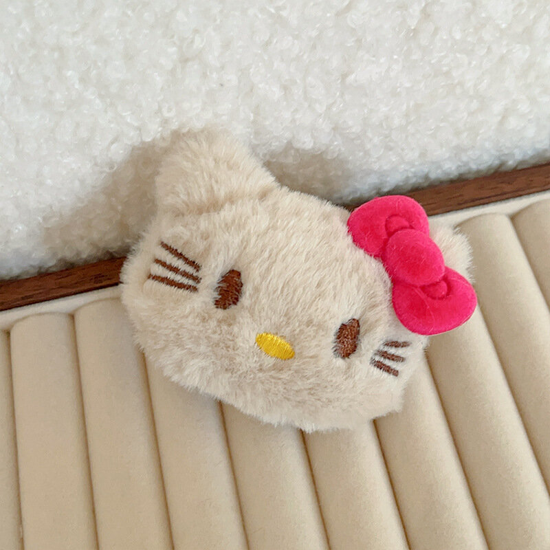 Заколка в виде кошки и акулы Hello Kitty, бархатная резинка для волос Hello Kitty, плюшевый аксессуар с бантиком, плюшевый аксессуар в виде кошки Hello Kitty верблюжьего цвета с розово-красным бантиком.
