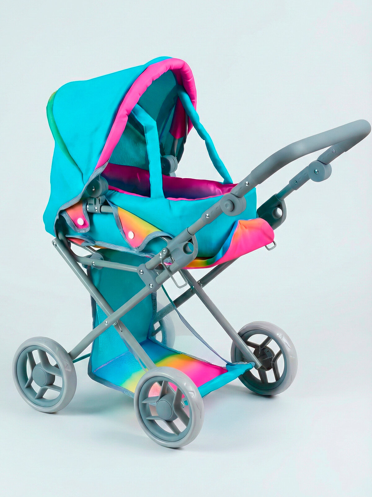 Коляска люлька для кукол Melobo бирюзовая с радужной отделкой 9346/цвeтN4