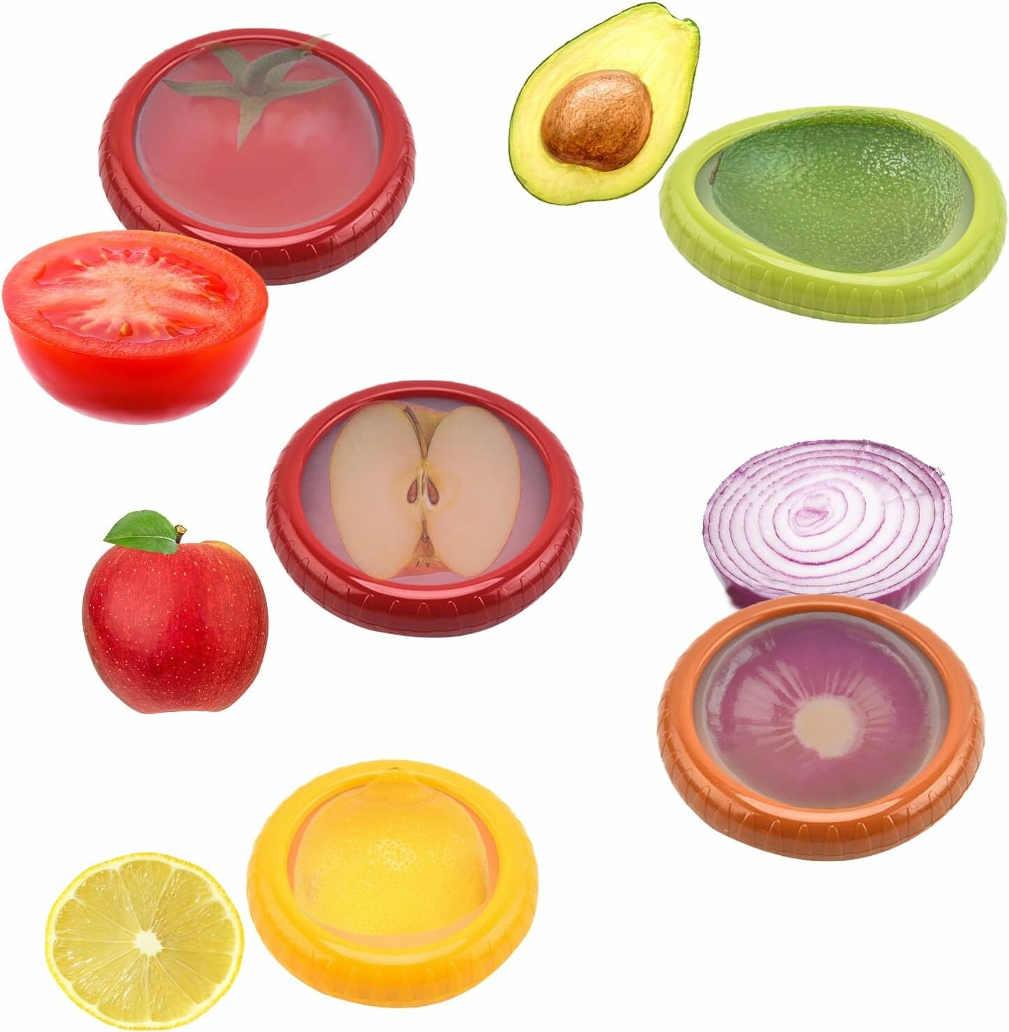 5 пксы Контейнеры для хранения авокадо и помидоров из силикона, многоразовые контейнеры для фруктов и овощей, контейнеры для чеснока, лимонов, лука, авокадо, размеры: контейнер для авокадо 13.8 x 10 x 2.5 см, маленький желтый круглый контейнер 10.1 x
