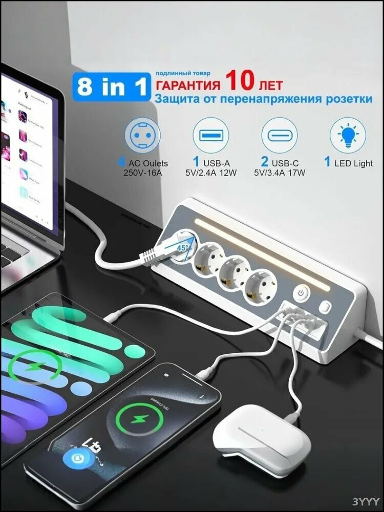 Эксклюзивный сетевой фильтрудлинитель 1.5 м с 4 розетками, двумя TypeC, одним USB и светодиодным ночником, мощностью 3680W и силой тока 16A