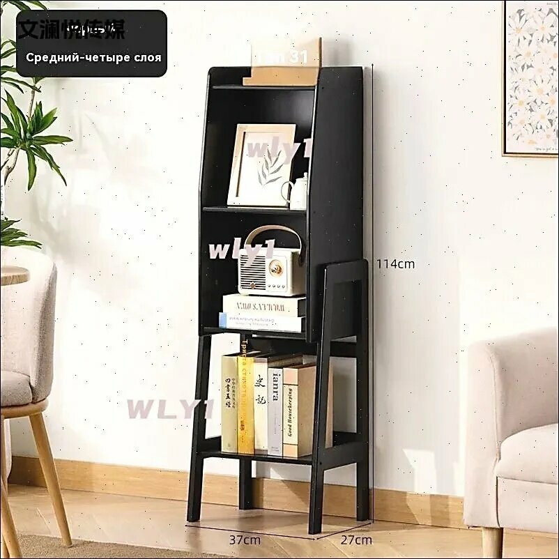 Стеллаж, Четыре этажа, шкафчик сбоку от Криса, небольшой книжный шкаф,37х27х114 см, черный.