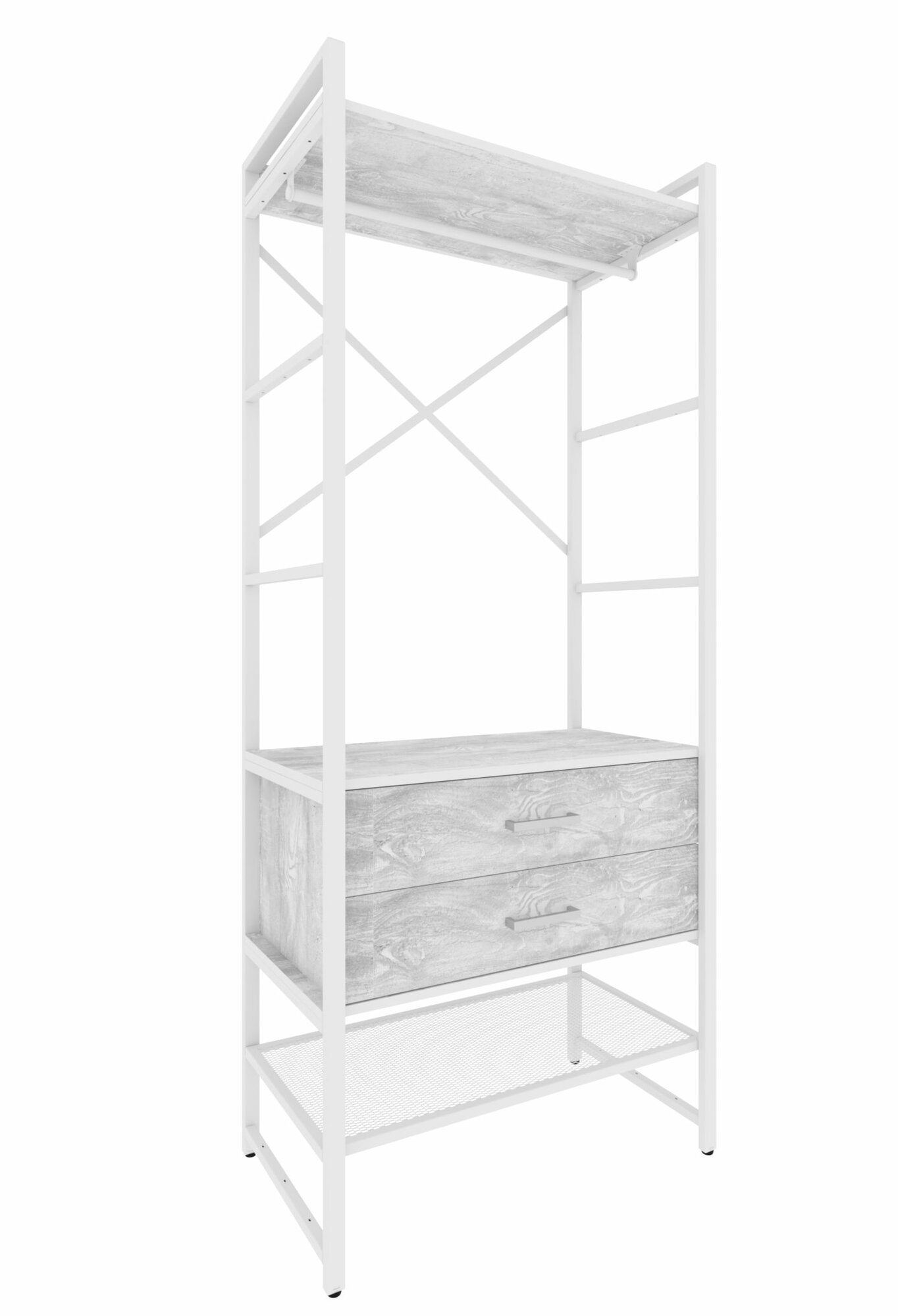 Стеллаж со штангой Микс для прихожей 80 см, Белый бетон пайн + белый