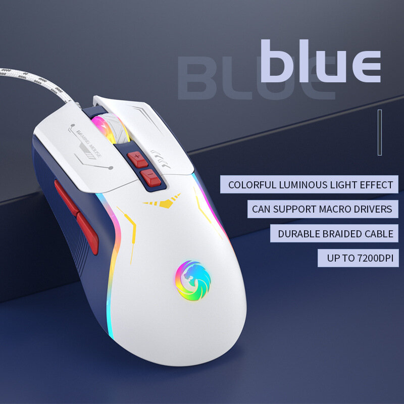 Игровая мышь проводная с синим цветом, подсветкой RGB, функцией макроклавиш, эргономичная для офиса и игр, совместимая