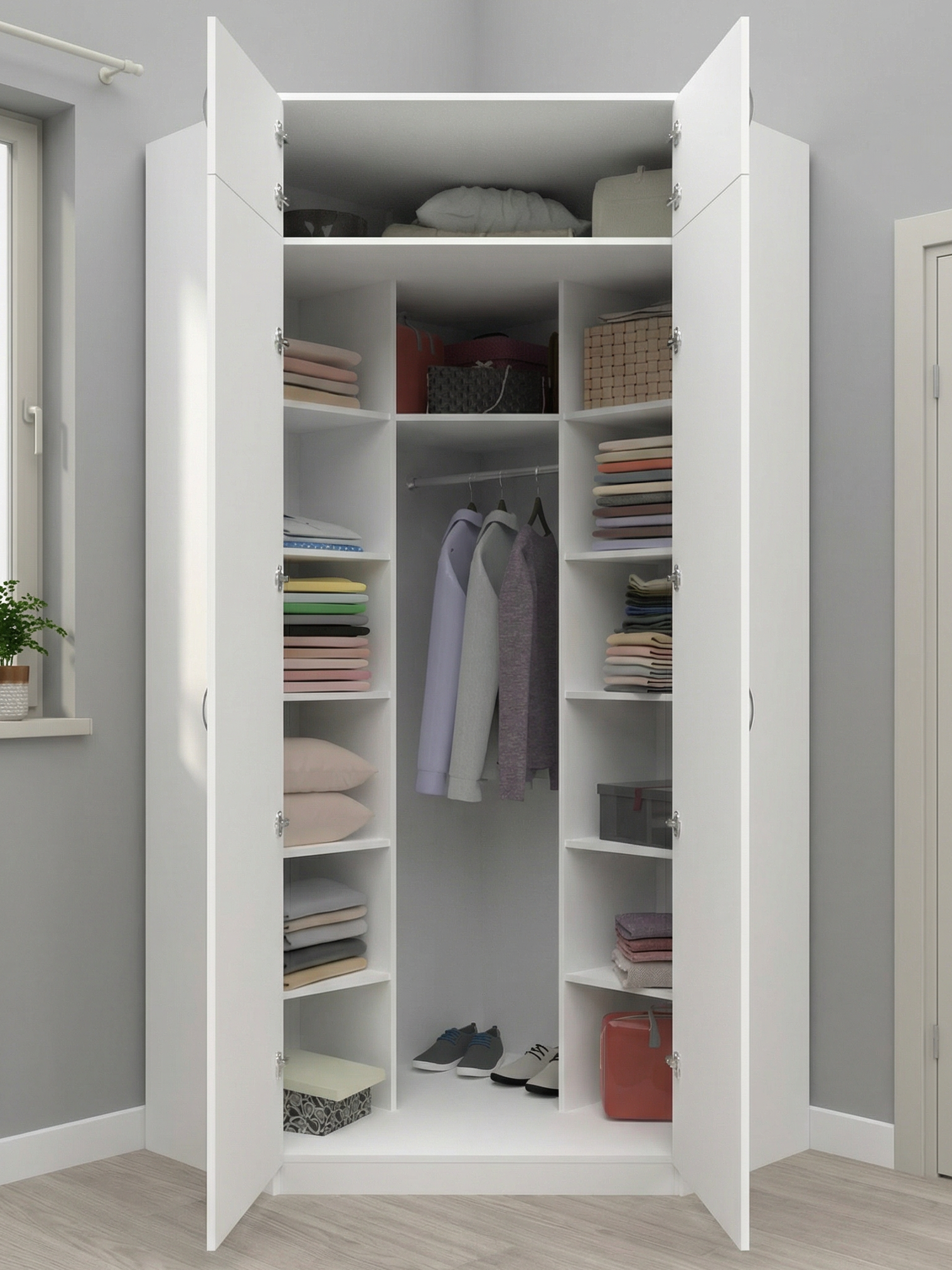 Шкаф угловой распашной Анри-16 с антресолью, 13 полками и штангой для вешалок, белый