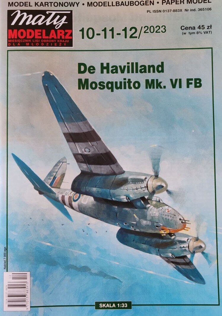 Сборная бумажная модель Самолет De Havvilland Mosquito Mk.VI FB - Maly Modelarz №10-11-12/23 (журнал)