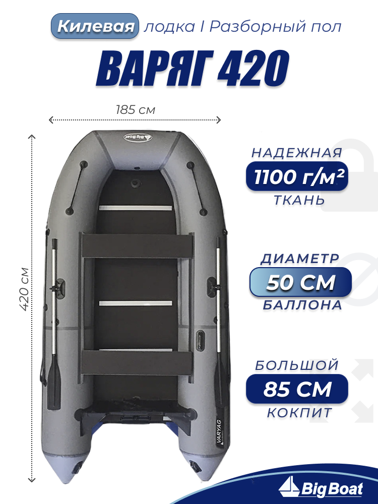 Надувная, под мотор, килевая лодка из ПВХ для рыбалки Varyag (Варяг) 420