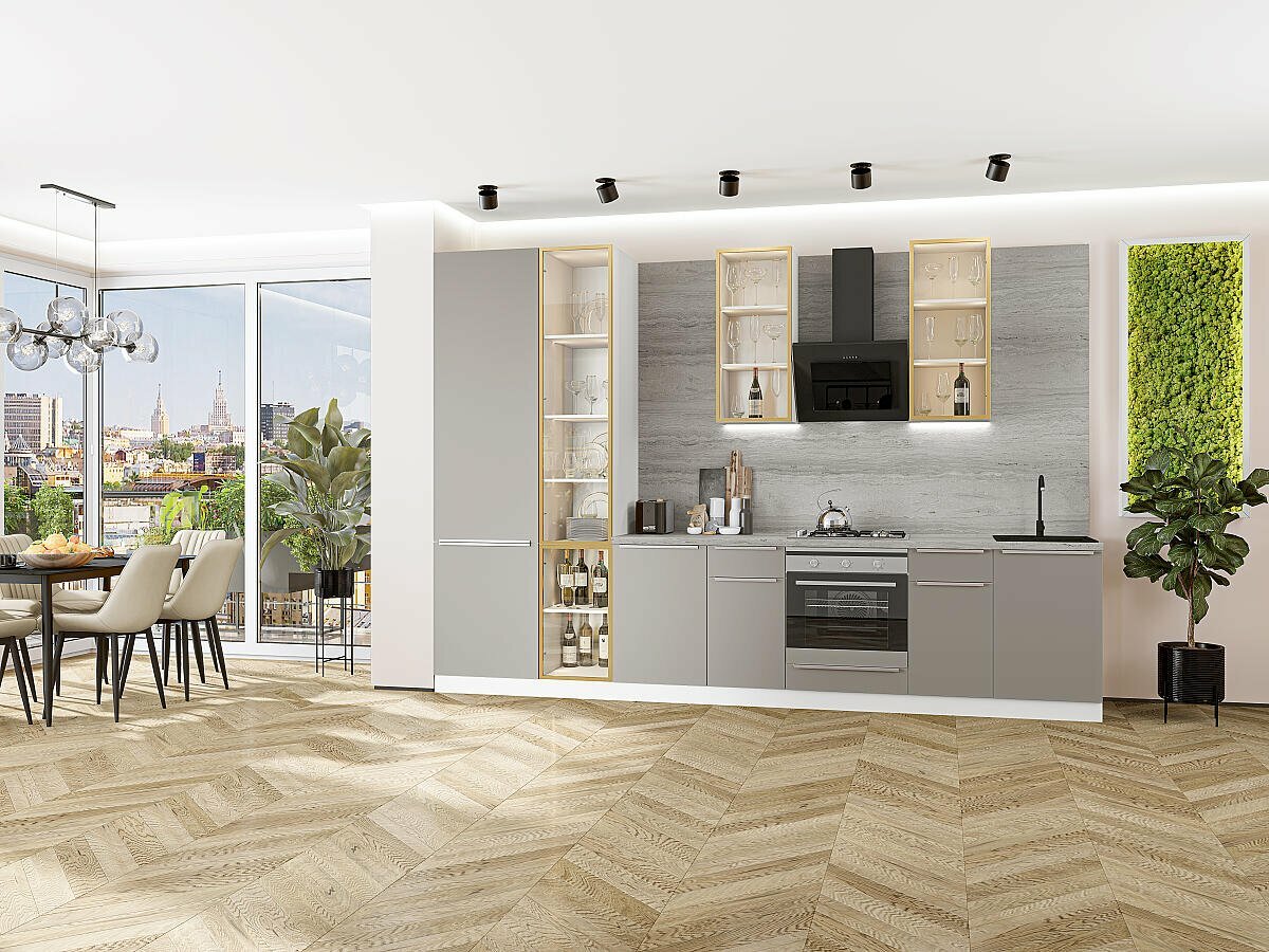 Кухонный гарнитур 3,4 м Мебель-МСК Фьюжн-08 Clay Silk, полки ЛДСП 234х340х60 см