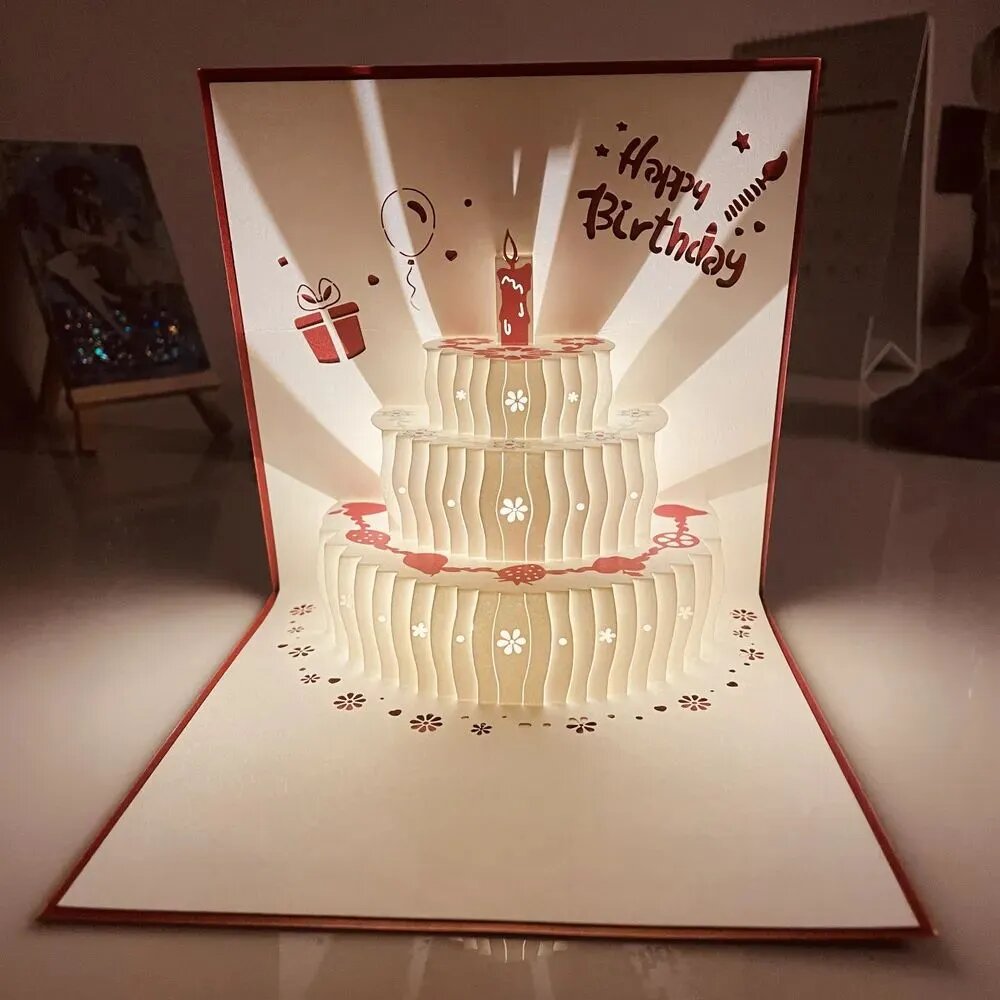 Открытка в подарок на день рождения , happy birthday / Подарок 3d музыкальная светящаяся открытка (красный)