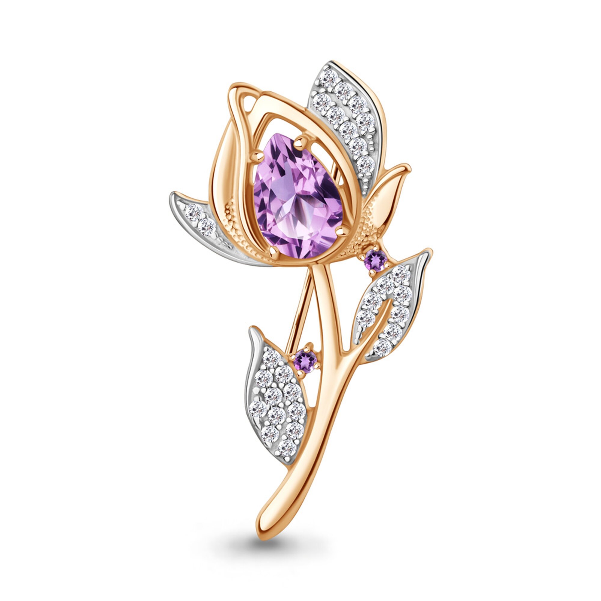 Брошь, серебро, 925 проба, золочение, фианит, аметист