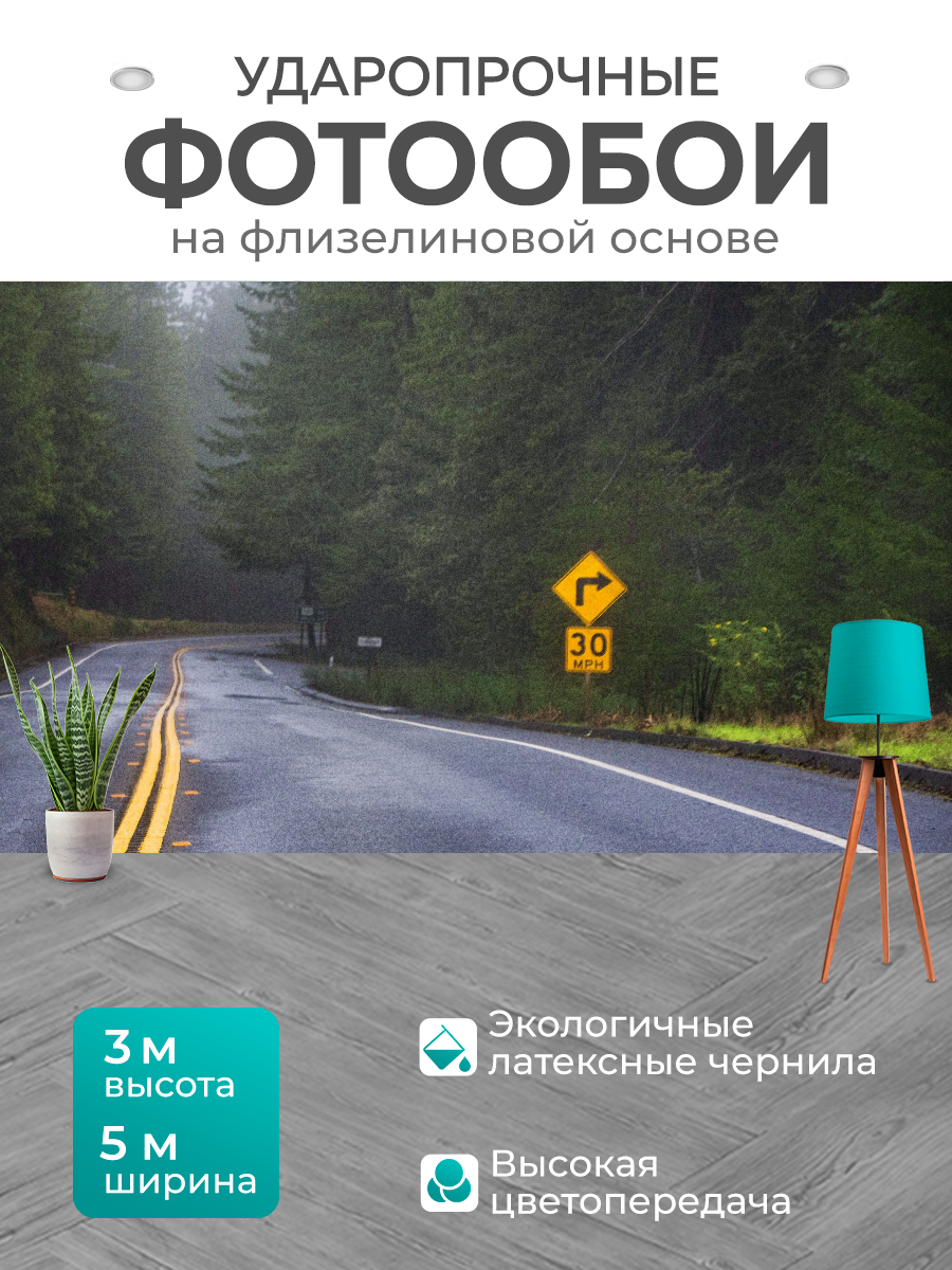 Фотообои моющиеся ударопрочные "Лесное шоссе проложили шоссе через лес со знаком скорости шоссе дорога извилистая дорога лес леса дерево деревья." 500x300 см. флизелиновые на стену