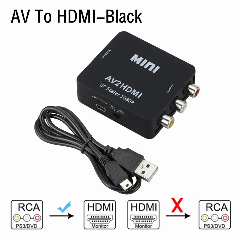 Адаптер AV на HDMI PzzPss 720P/1080P AV To HDMI-Black
