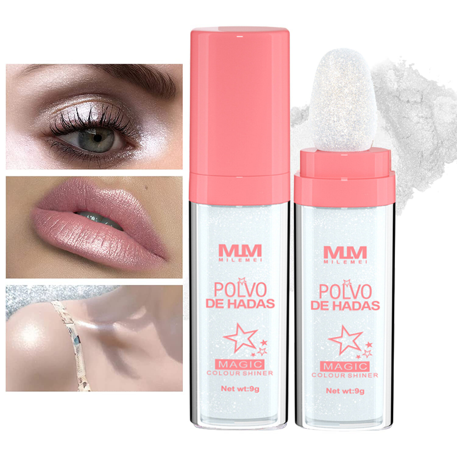 3 Colors Polvo De Hadas Body Brightens Natural Three-Dimensional Face Blusher Fairy Highlight Patting Powder with Extended Powder Brush Head Delicate Silky Texture Light Powdery Easy to Apply Long-Lasting Ultra-Shimmer Makeup Effect Multi-Usages Eyes