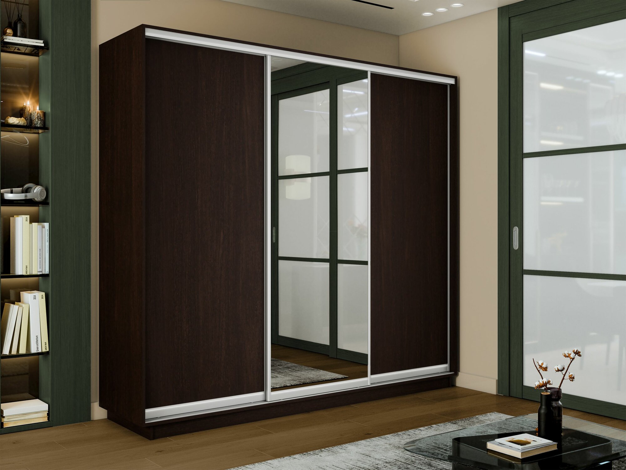 Шкаф купе Вилли 3-х дверный ЛДСП с зеркалом, профиль серебро 180 см х 220 см х 60 см (Венге)