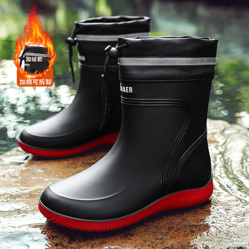 Дождевые сапоги для пар, большие размеры 47 и 48, с флисовой подкладкой, теплые хлопковые туфли, длинные дождевые сапоги, водонепроницаемые, нескользящие, мужские обувь для рыбалки