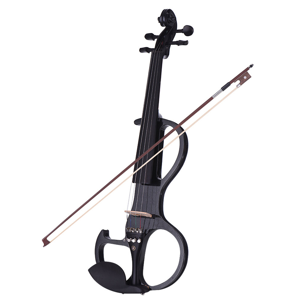 Электрическая тишинутая скрипка 4/4 из цельного дерева Style-3 с эбонитовым грифом, перфораторами, подбородком, наконечником, с лафетой, жестким футляром, тюнером, наушниками, дополнительными струнами и мостом, черный цвет