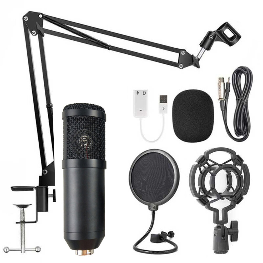 BM800 Professional Suspension Microphone Kit Live Broadcasting Recording Condenser Microphone Set, цвет: серебристый+черный, золотистый, черный, серебристый+синий, золотистый+черный (опционально), материал микрофона: сталь + цинк-сплав, материал