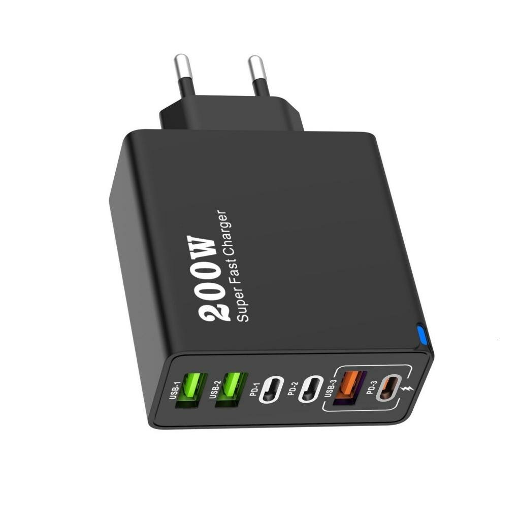 Зарядное устройство 200 Вт, 6 портов USB C PD3.0, Черный - EU