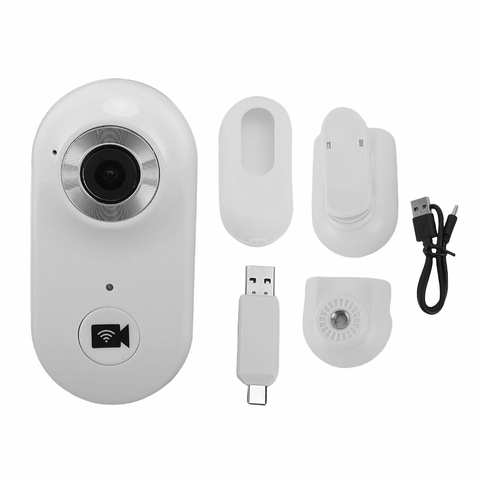 Портативная экшн-камера 1080p с Wi-Fi, креплением на палец, возможностью ношения на теле, подключением через приложение, магнитным креплением и защитным чехлом на задней панели, белого цвета.