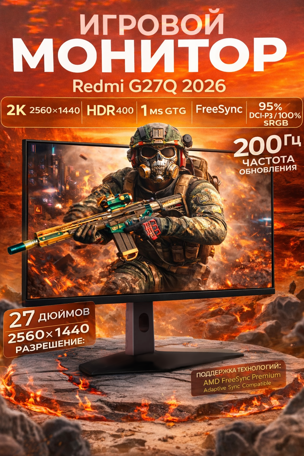 Redmi G27Q 2026, монитор для компьютера, частота обновления 200 Гц, 27-дюймовый экран 2K, многофункциональная подставка