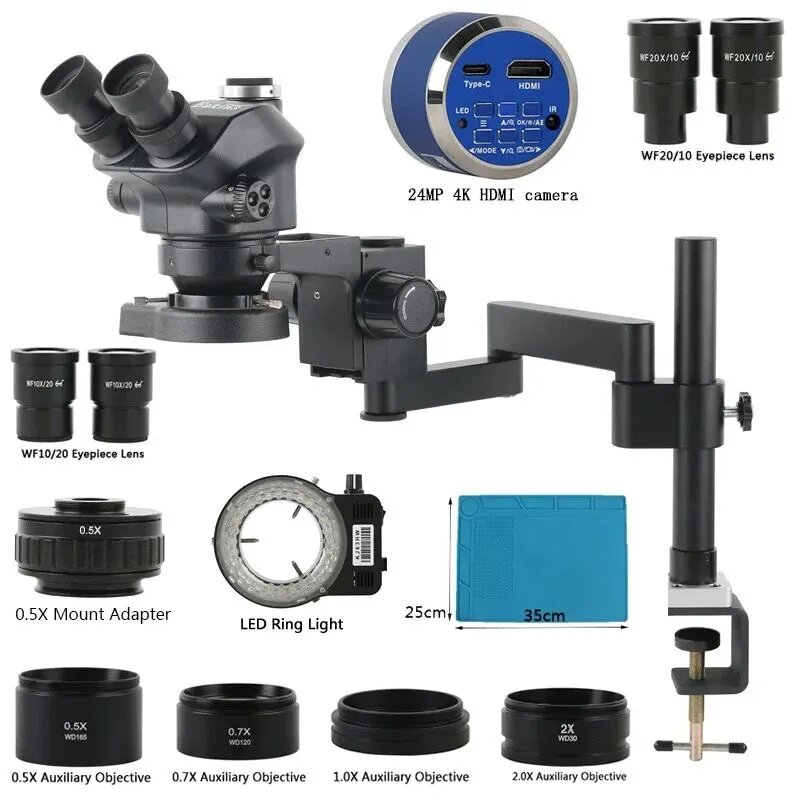 Микроскоп стерео тринокулярный 3.5X-200X с камерой 1080P 48MP 4K 2K HDMI USB TF и складной базой Тип расширения