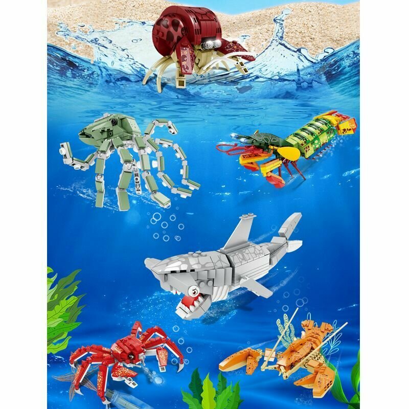 Конструкторы 6x Морские животные, Акулы, королевские крабы, осьминоги, креветки-богомолы, омары, крабы-отшельники, сборные модели из 1041 мини-блоков