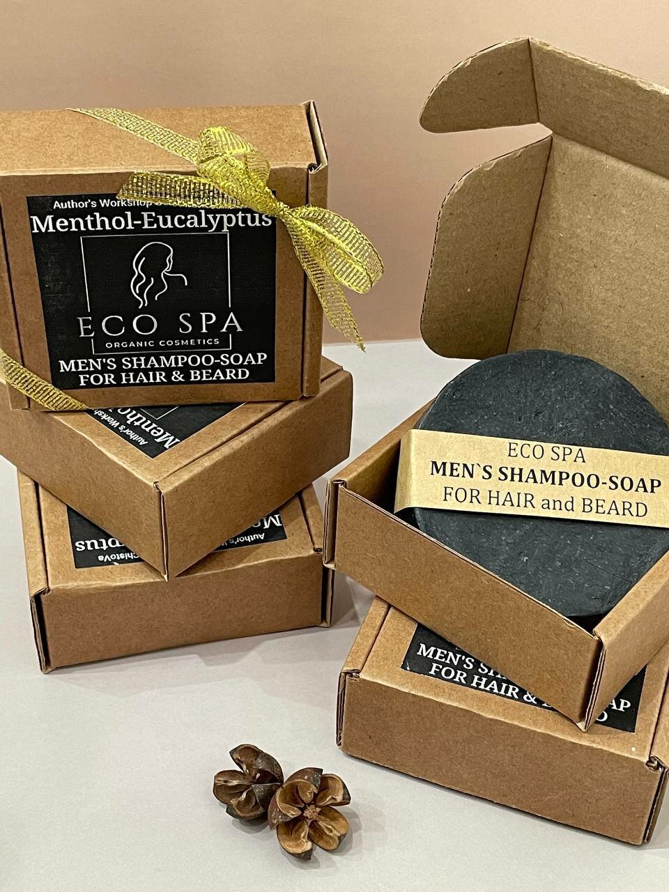 Шампунь-мыло для волос и бороды Eco Spa/твердое шампуневое мыло для мужчин с углем и ментолом/Шампунь мужской