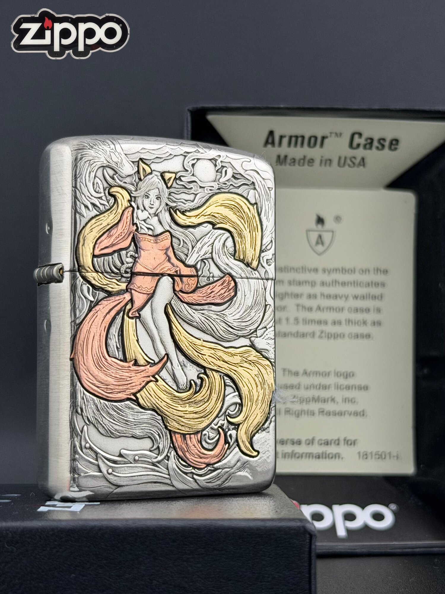 Зажигалка Zippo Armor “Kitsune Night” — оригинал, бензиновая, гравировка лиса/кицунэ, коллекционная