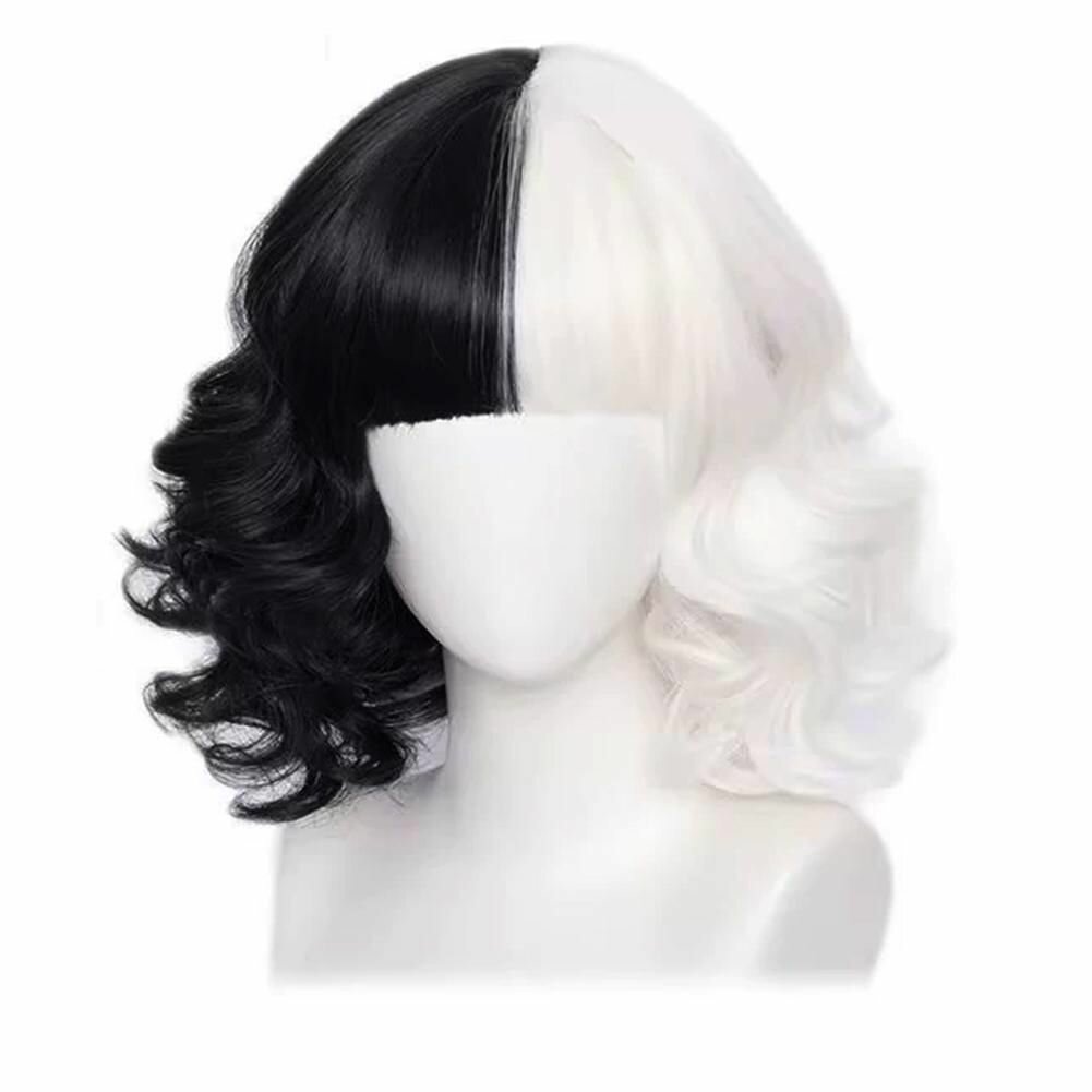 Парик для косплея Cruella, короткие черно-белые кудри