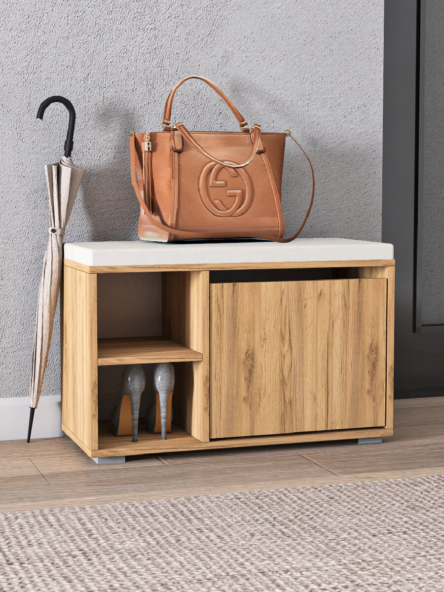 Обувница Диал, тумба для прихожей, дуб крафт золотой, с мягким сидением, 60x47x34 см, для 6 пар обуви