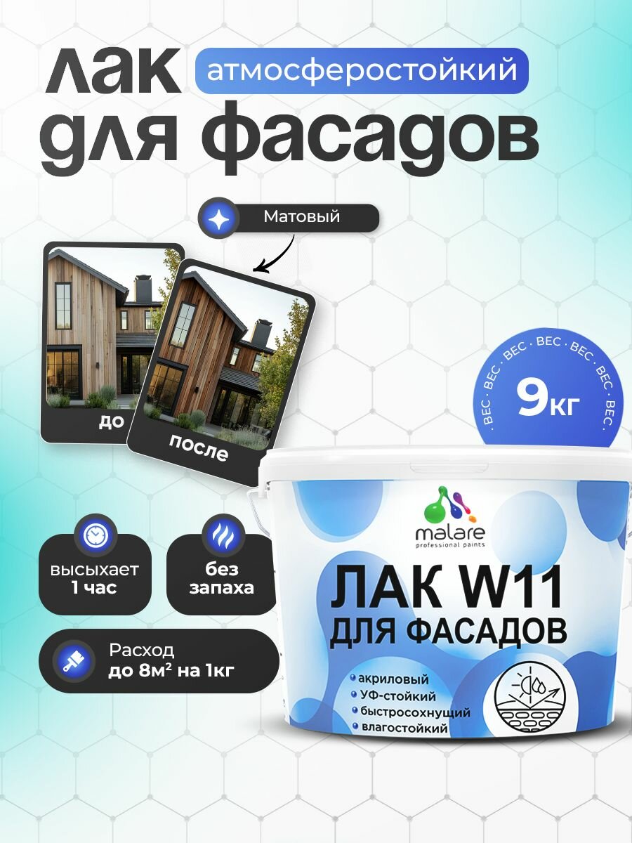 Акриловый фасадный лак Malare для защиты фасадов зданий, для дерева, камня и кирпича, быстросохнущий влагостойкий экологичный, матовый, 9 кг