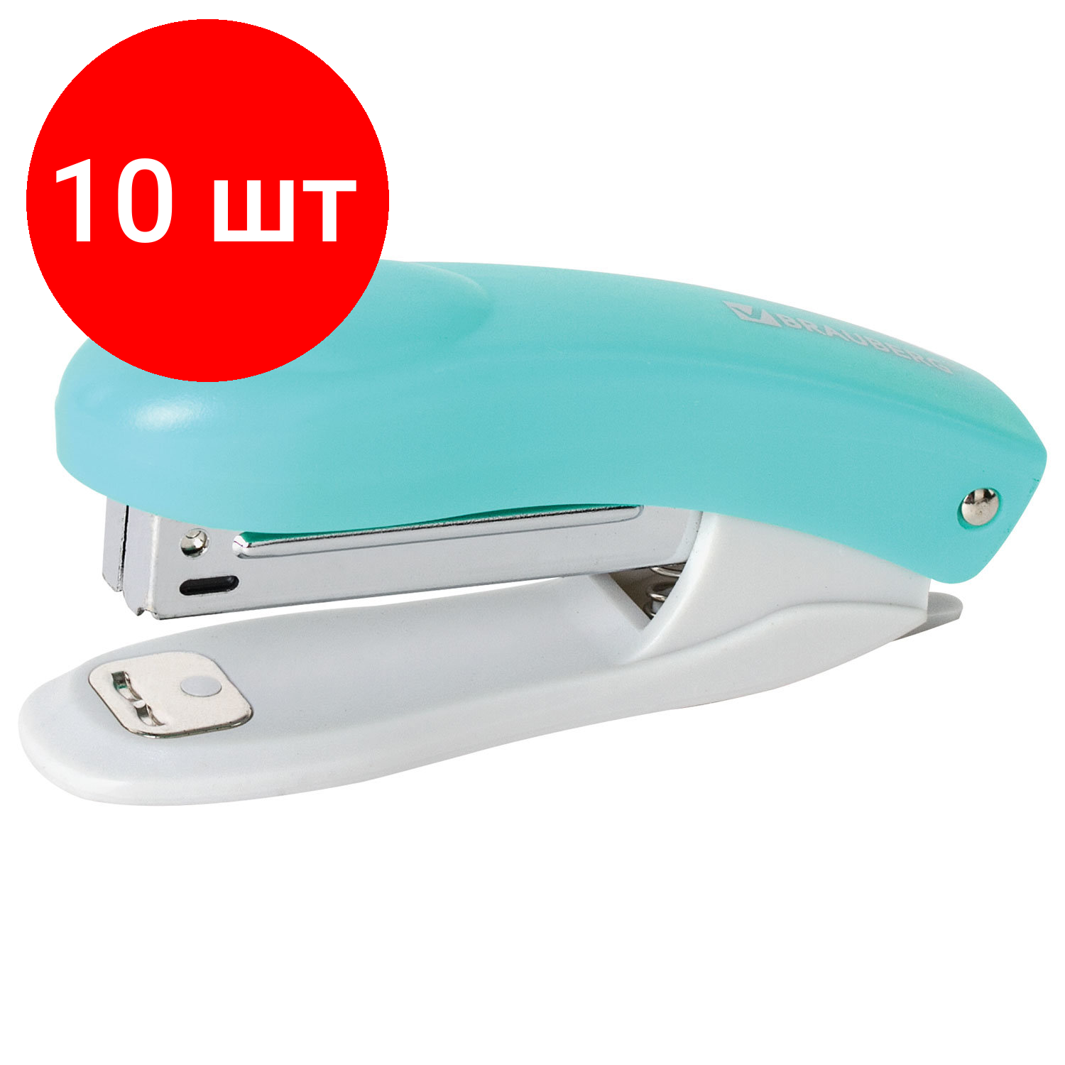 Комплект 10 шт, Степлер №10 BRAUBERG "Original", до 12 листов, с антистеплером, бирюзовый, 227765