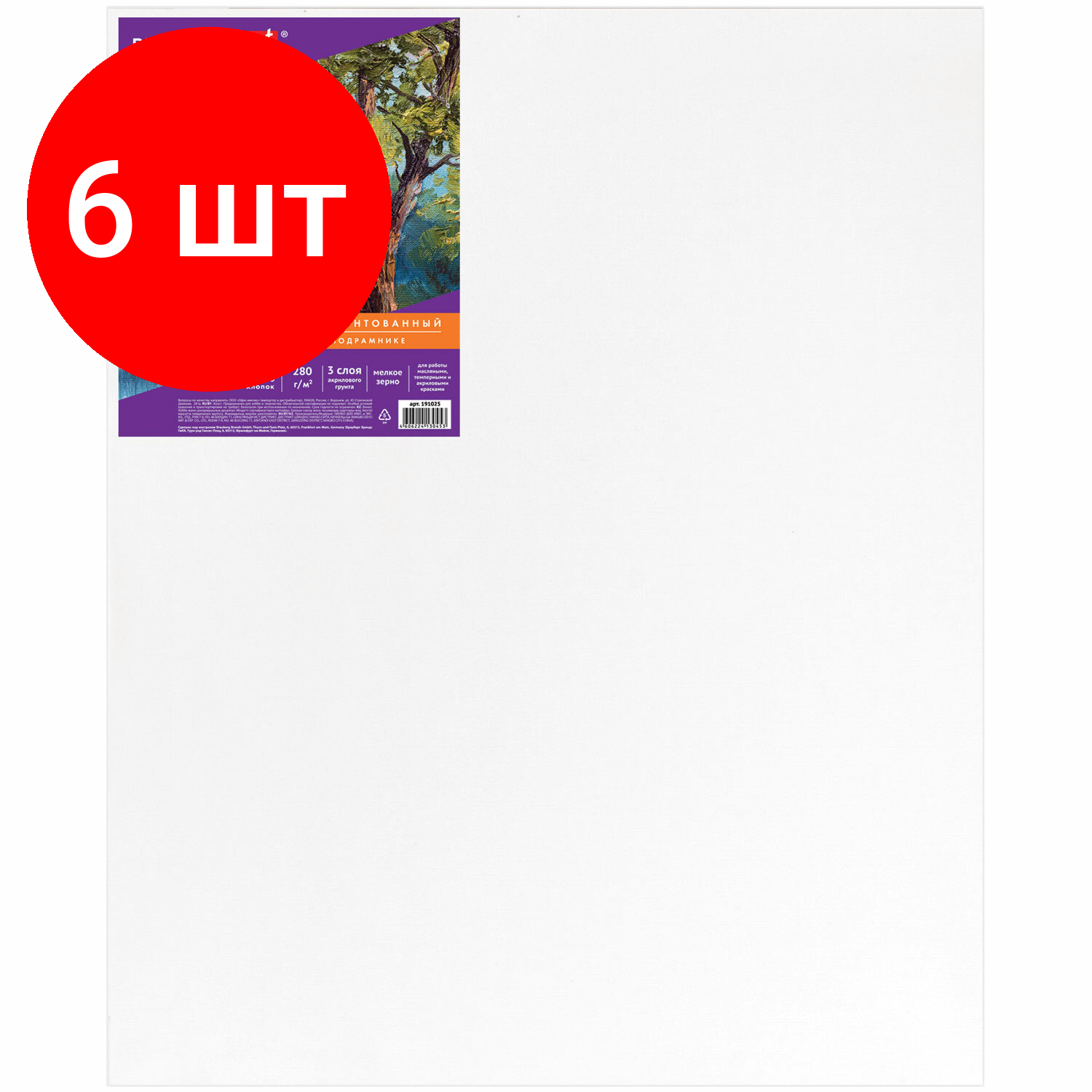 Комплект 6 шт, Холст на подрамнике BRAUBERG ART DEBUT, 50х60см, грунтованный, 100% хлопок, мелкое зерно, 191025